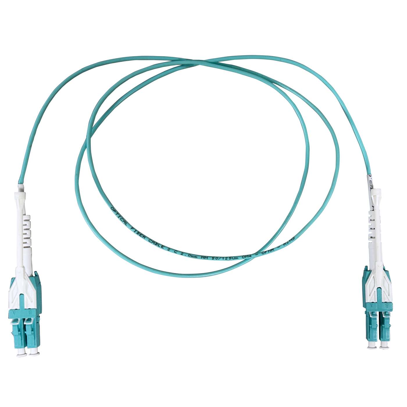 1 m LC to LC UPC Fiber Cable, Uniboot Pull-push tab, 2 mm, Duplex, OFNR, OM4 MM, Aqua
