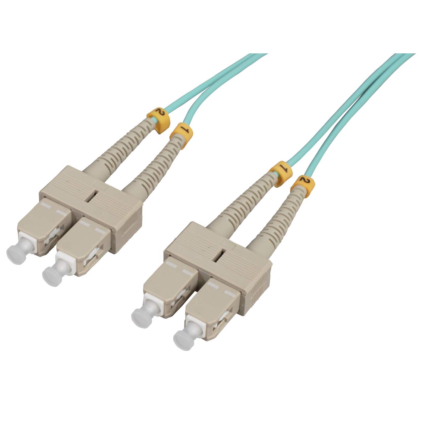 10 m SC to SC UPC Fiber Cable, 2 mm, Duplex, OFNR, OM3 MM, Aqua