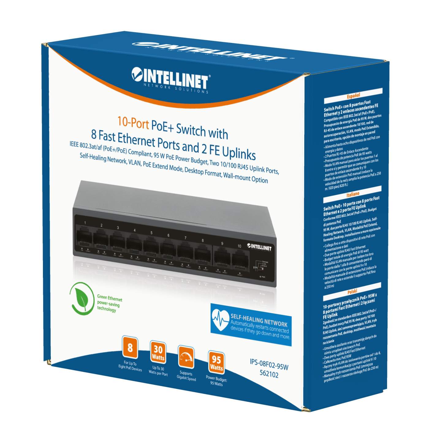 10-Port PoE+ Switch w/ 8 FE Ports & 2 FE Uplinks