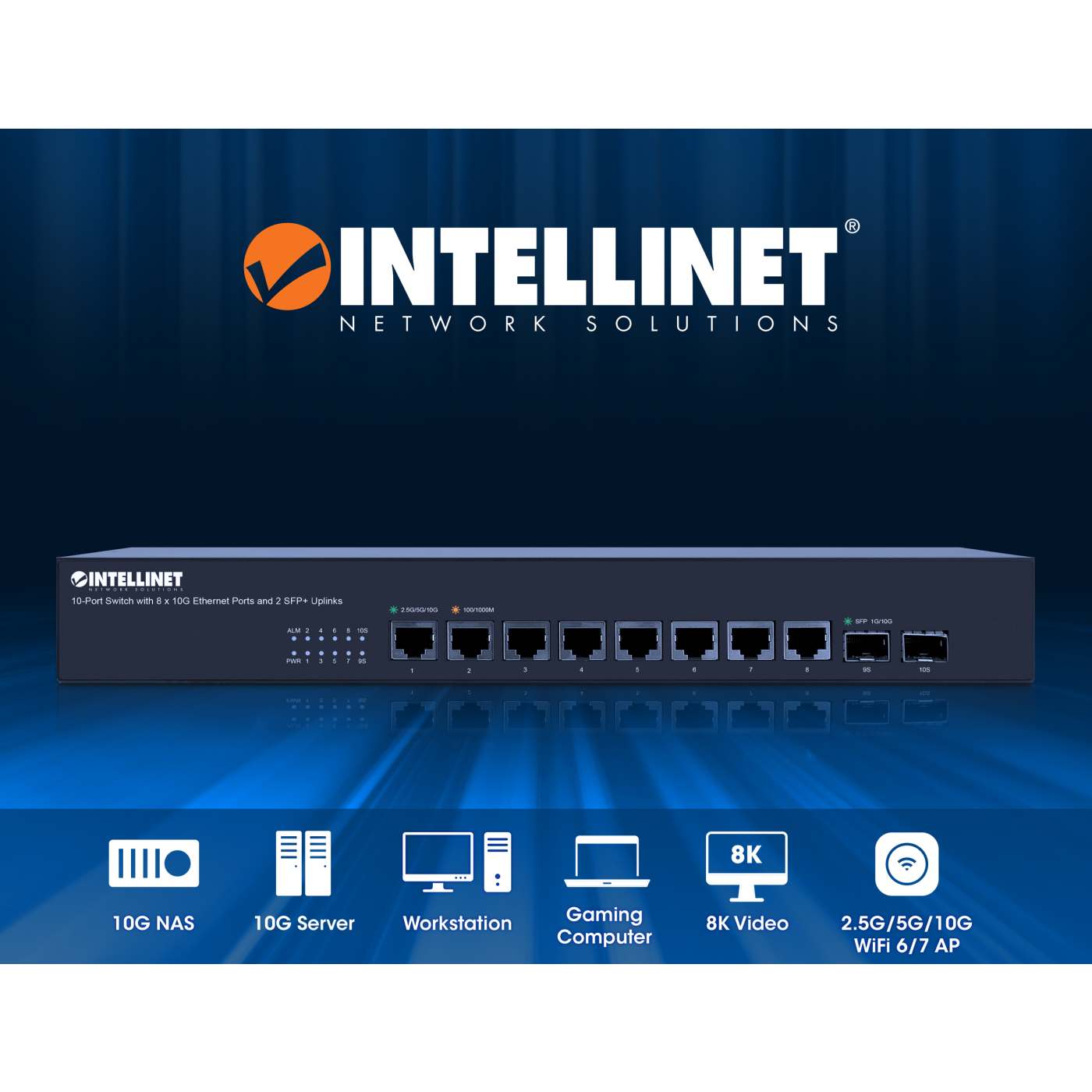 10-Port Switch w/ 8 x 10G Ethernet Ports & 2 SFP+ Uplinks