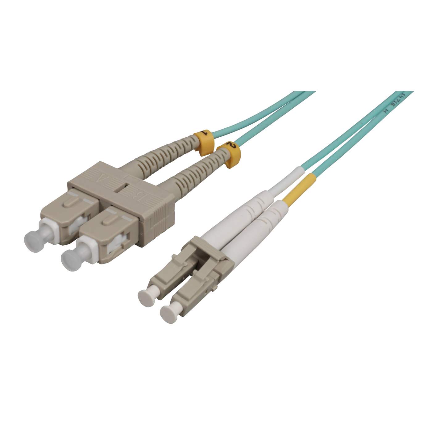 2 m LC to SC UPC Fiber Cable, 2 mm, Duplex, OFNR, OM3 MM, Aqua